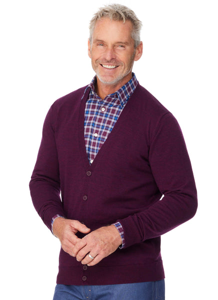 FORCETT 5 BUTTON CARDIGAN - PLUM MARLE – Fletcher Jones Australia
